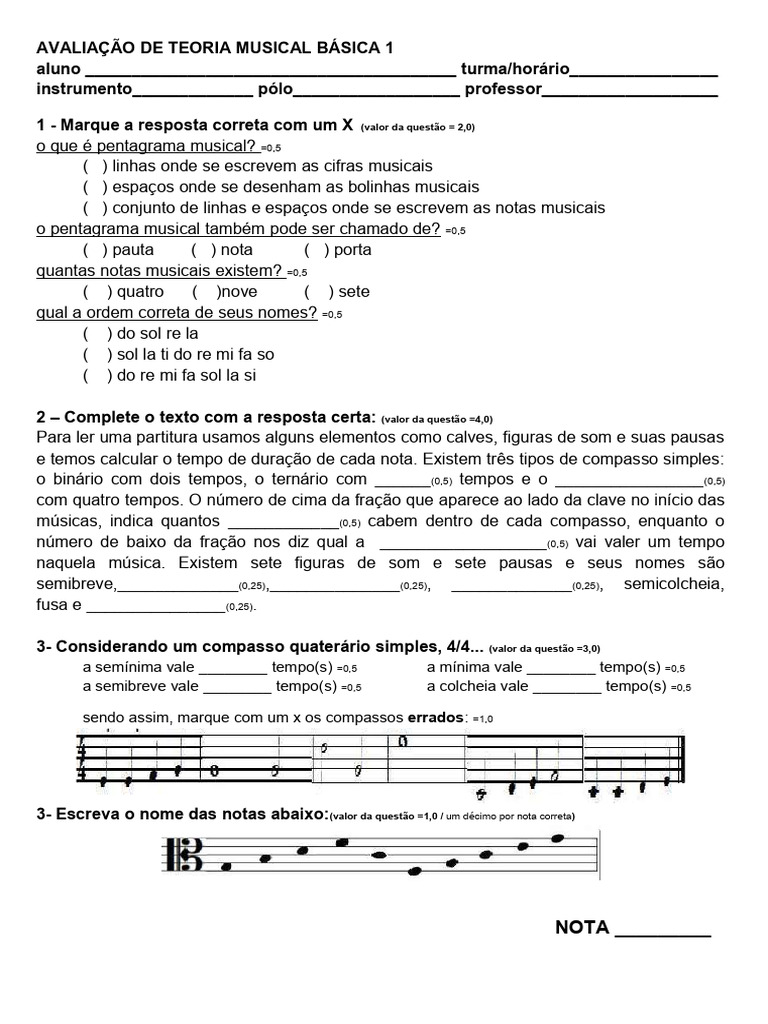 Avaliação Teorico Musical Básica 1 | PDF