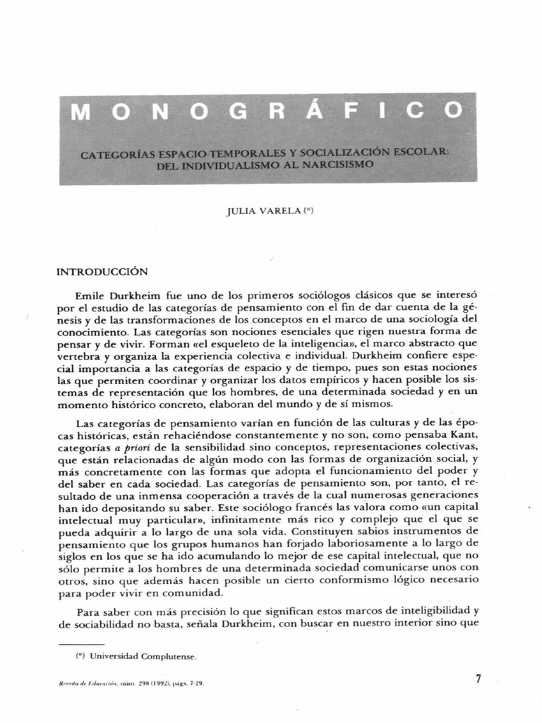 CATEGORÍAS ESPACIO TEMPORALES Y SOCIAL ACIÓN ESCOLAR - Julia Varela | PDF