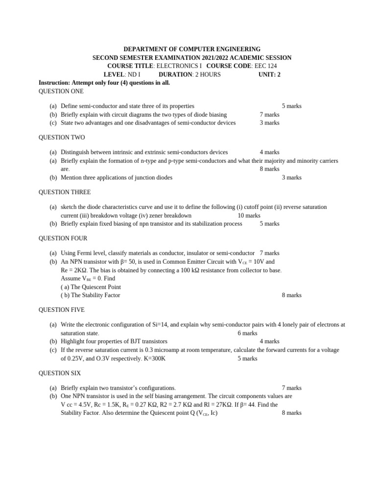 ELECTRONICS I EEC 124 ND I COMP 2022 | PDF