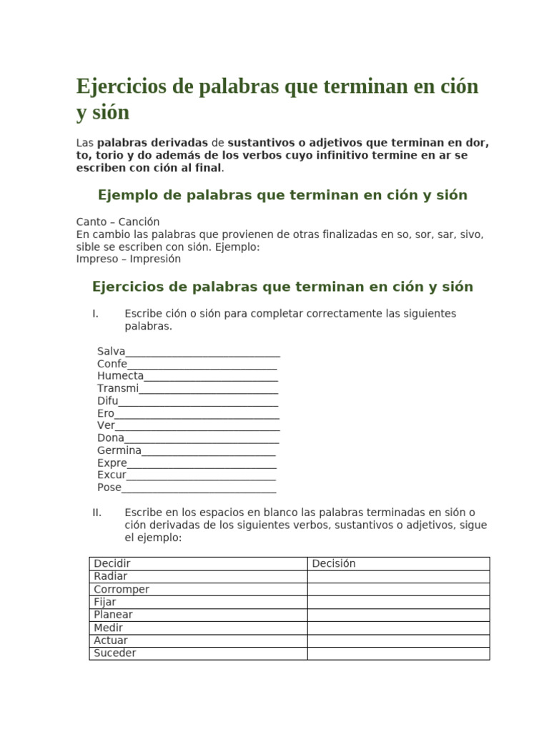 1Ejercicios de palabras que terminan en ción y sión | PDF