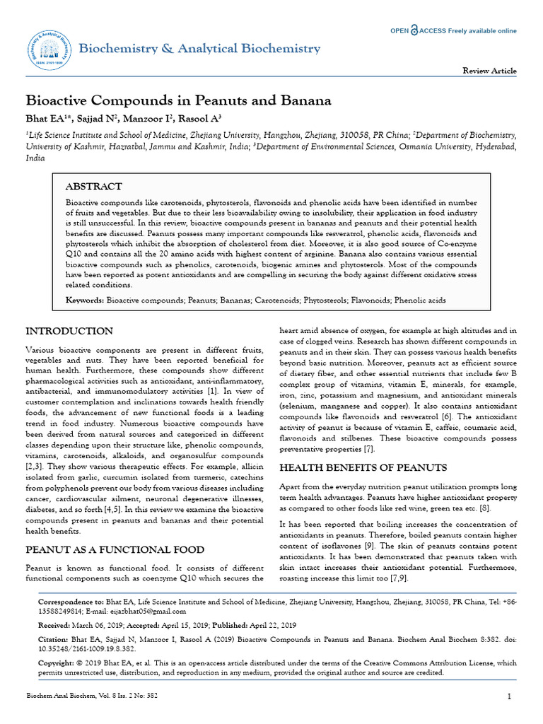 Bioactive Compounds in Peanuts and Banana | PDF