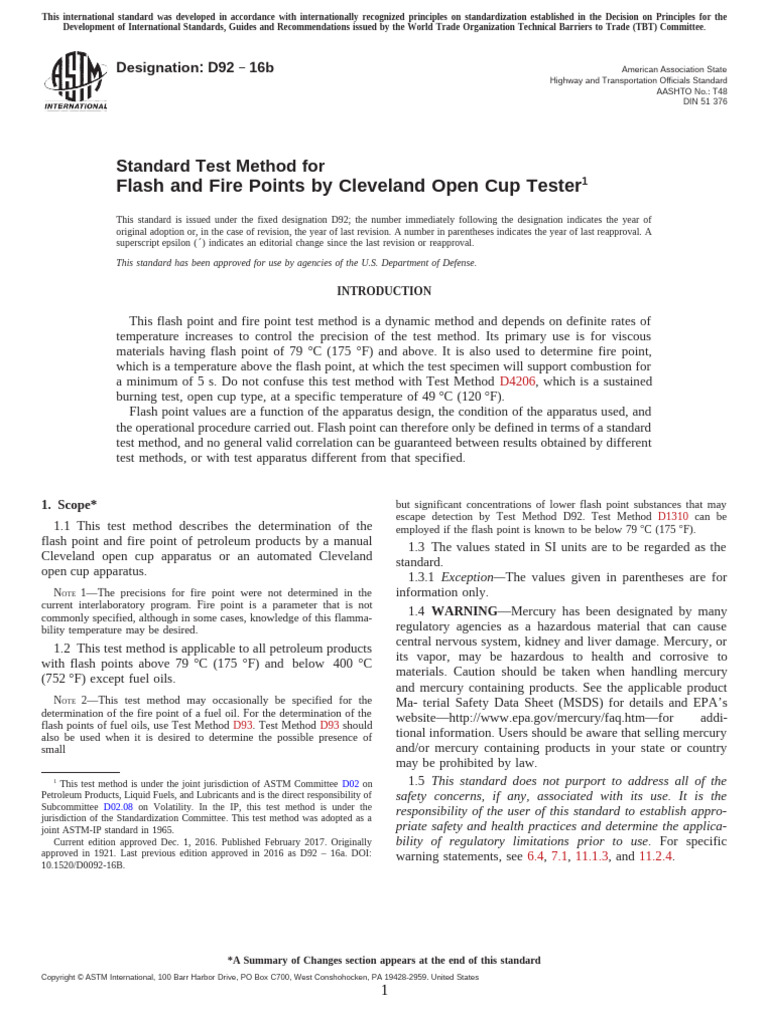 Flash and Fire Points by Cleveland Open Cup Tester: Standard Test ...