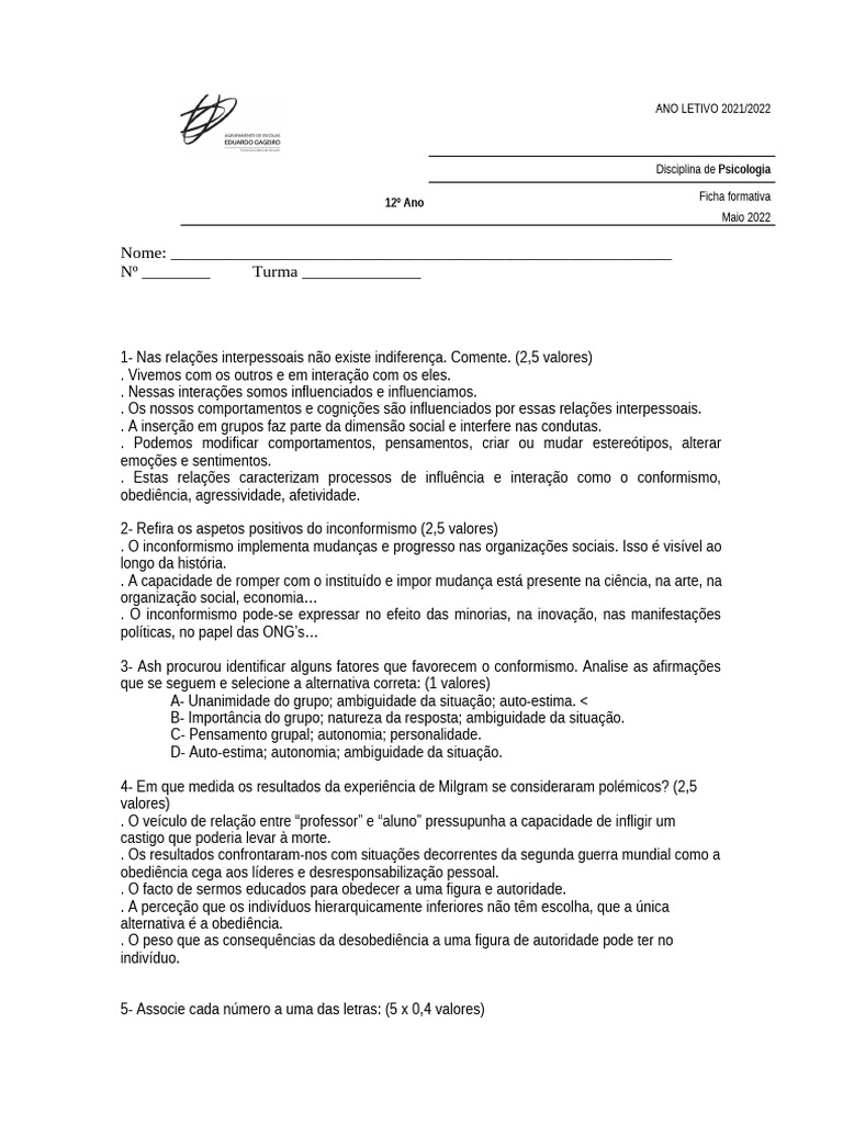 Ficha Psic Maio22 - Correc | PDF