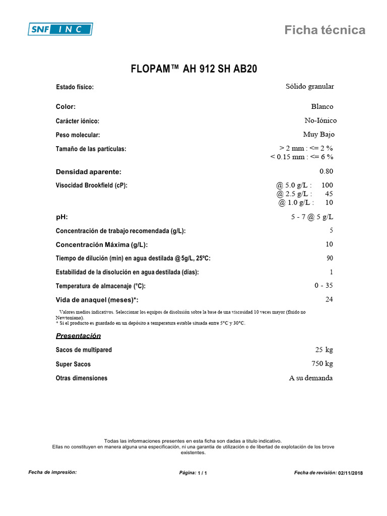 Flopam Ah 912 SH Ab20 TDS Bajo Peso | PDF