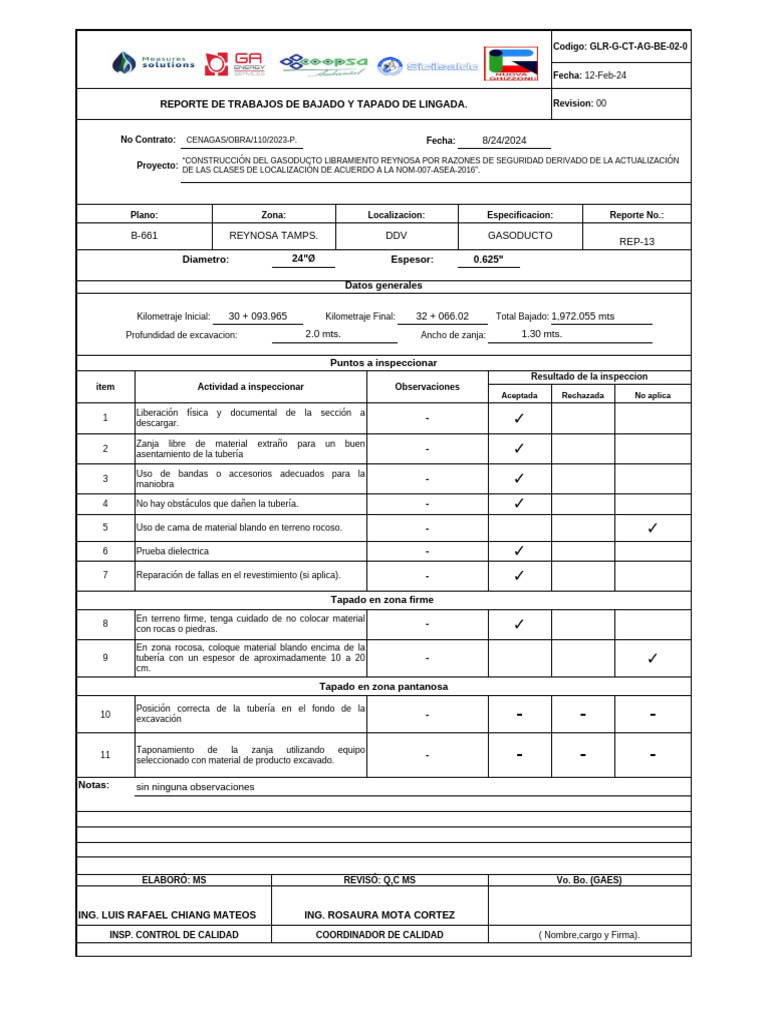 Formato Bajado y Tapado de Lingada | PDF