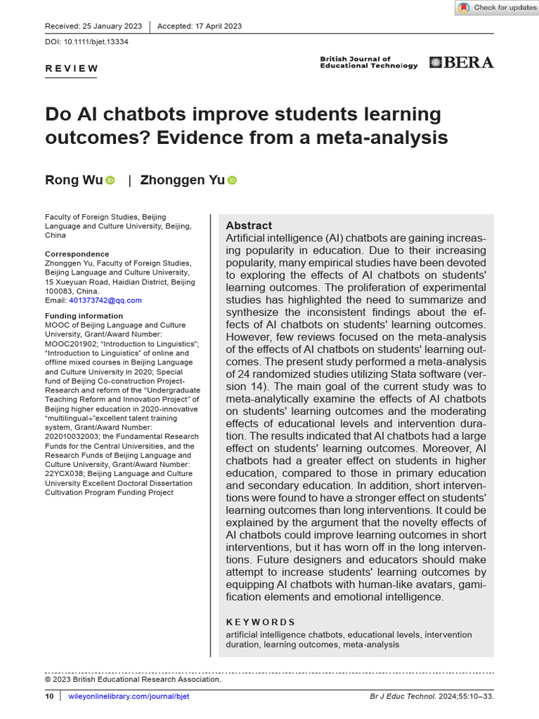 Brit J Educational Tech - 2023 - Wu - Do AI chatbots improve students learning outcomes Evidence ...