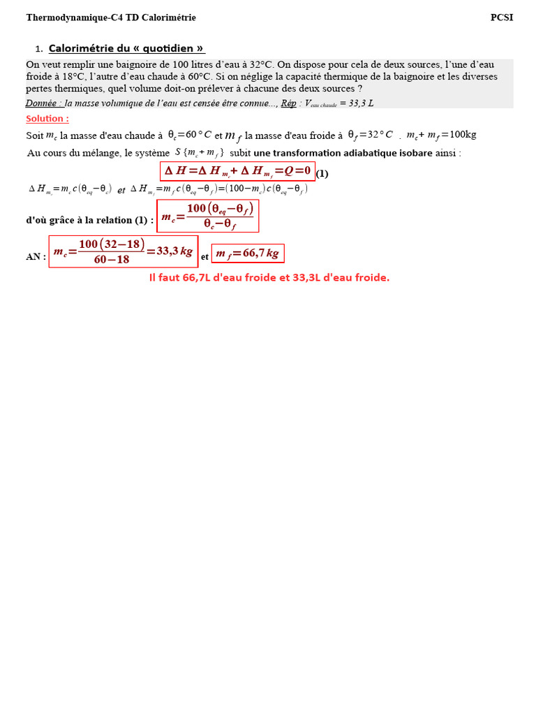 THERMO C4 TD Calorimetrie Corrige | PDF