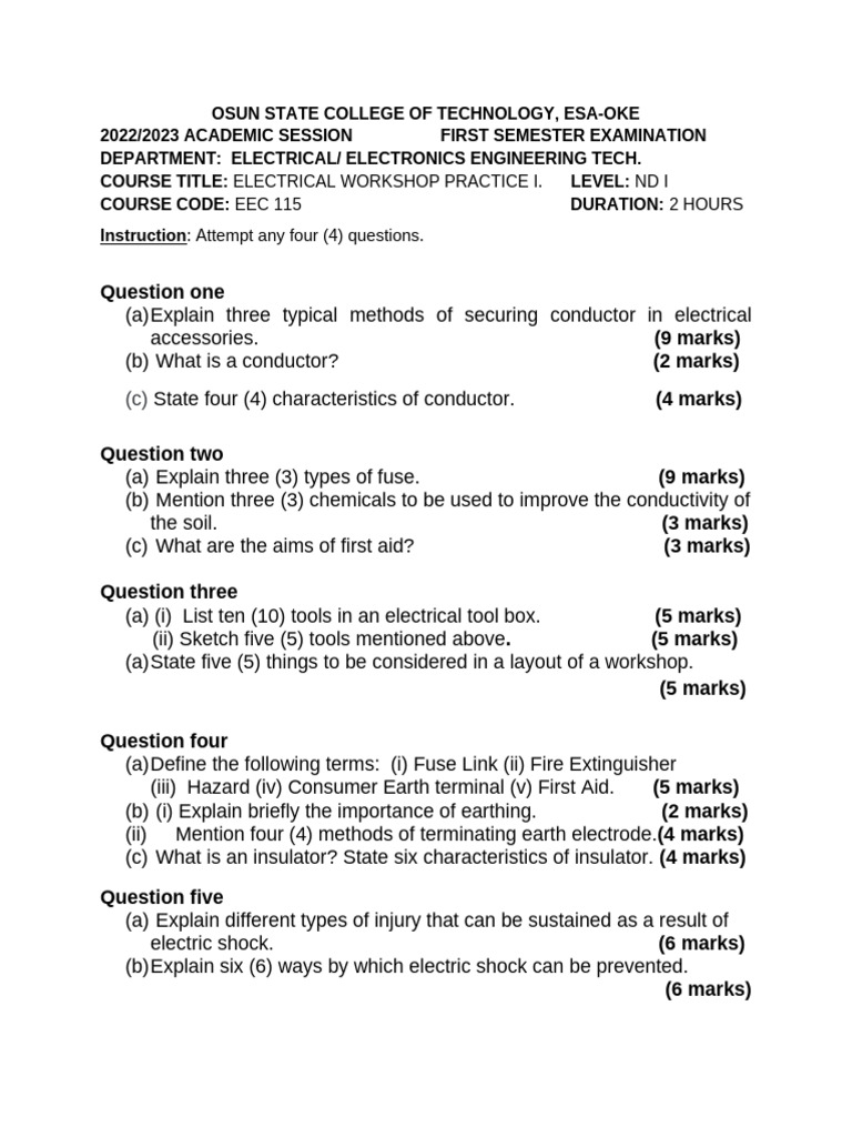 Electrical Workshop Practice I. NDI EEC 115 2 Hours: Attempt Any Four (4) Questions | PDF