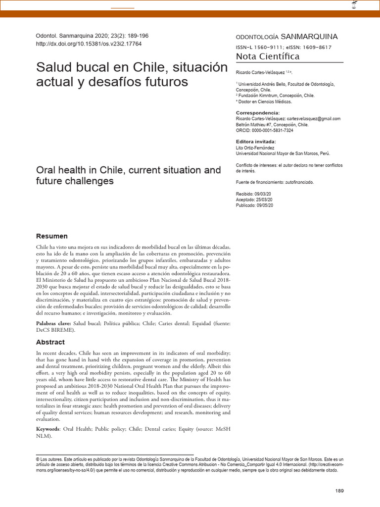 Salud Bucal en Chile, Situación Actual y Desafíos Futuros: Oral Health ...