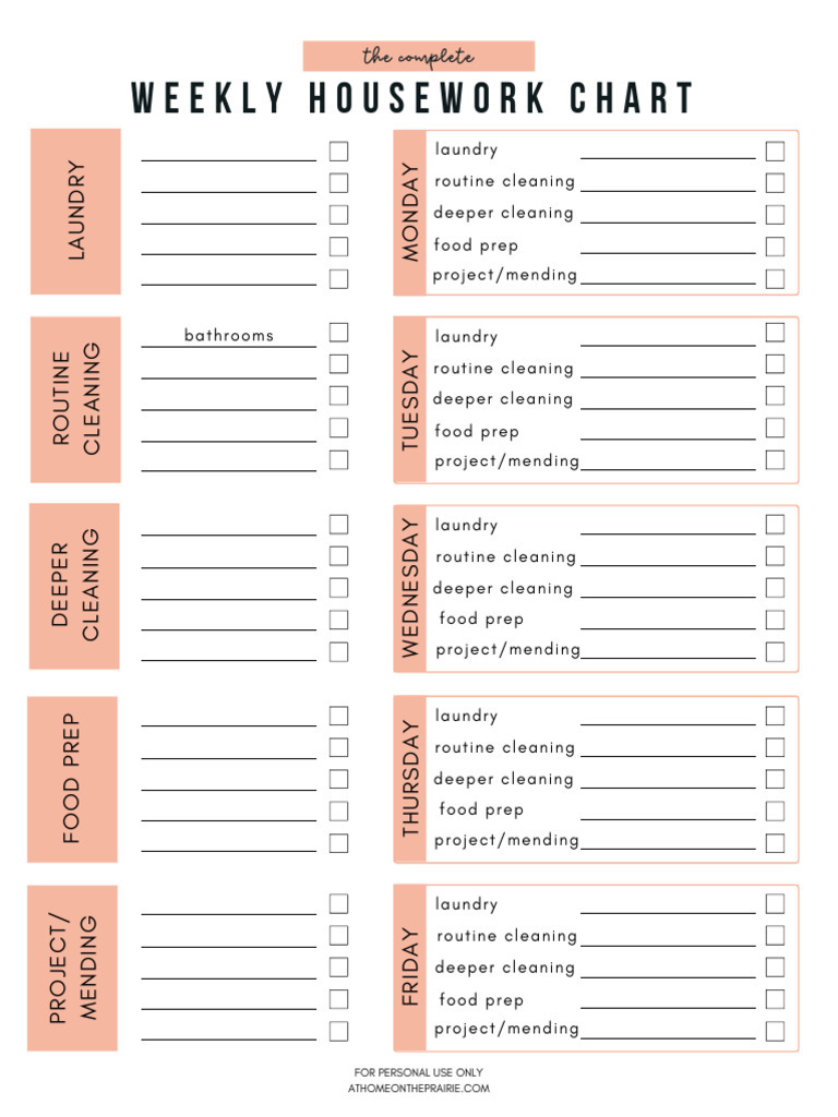 Weekly House Cleaning Chart For Adults | PDF