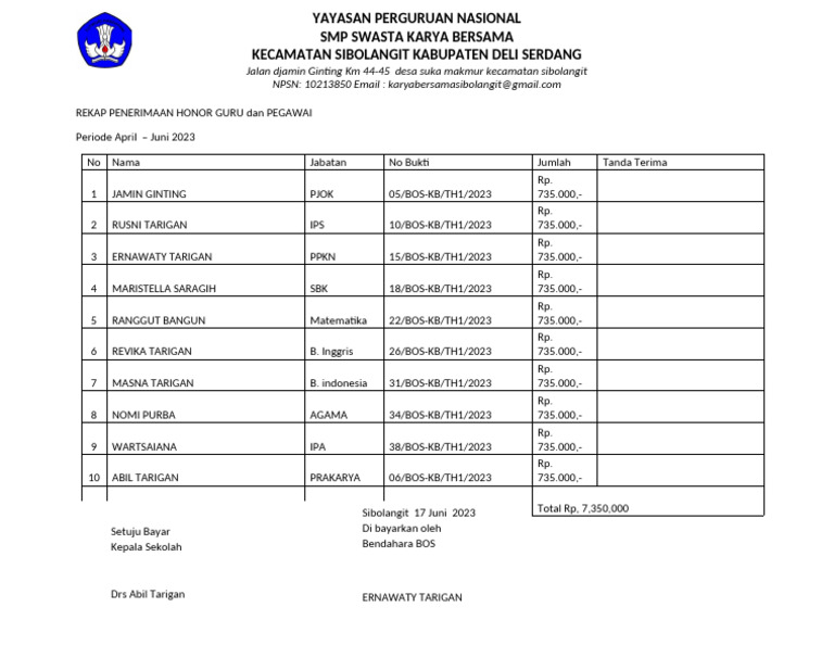 REKAP PENERIMAAN HONOR GURU Dan PEGAWAI | PDF