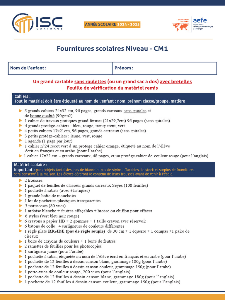 Fournitures-Scolaire-CM1-ISC-CARTHAGE (1) - 240901 - 131806 | PDF