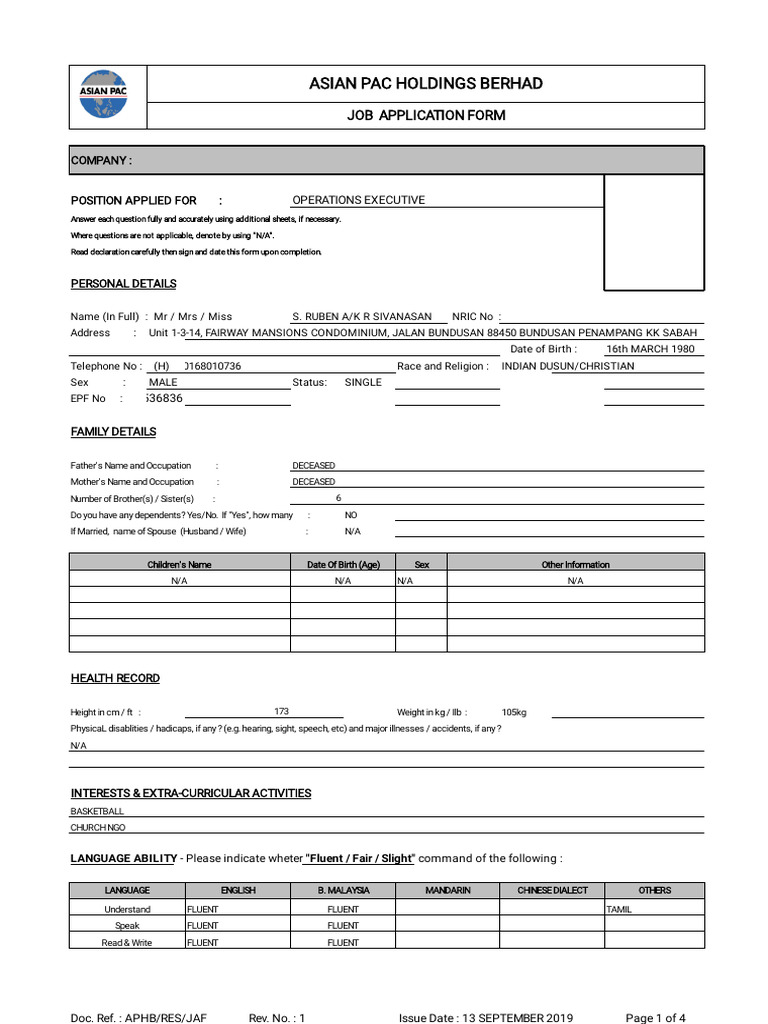 Job Application Form - Revision 1 - 13 Sept 2019 | PDF