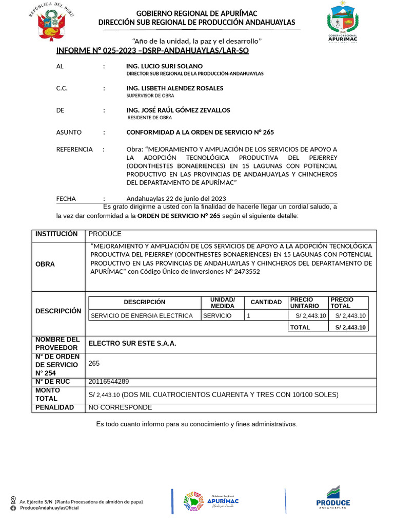 INFORME #25 CONFORMIDAD A ORDEN DE SERVICIO de Energia Electrica | PDF