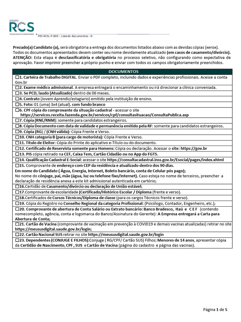 PES-RCSL-F-003 - Lista de Documentos - Kit Seleção - V00 | PDF