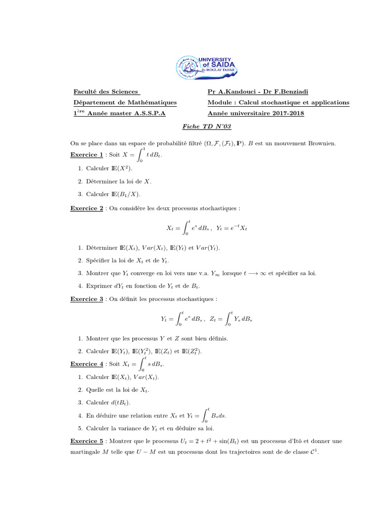 Calcul Stochastique: Exercices Master 1 | PDF