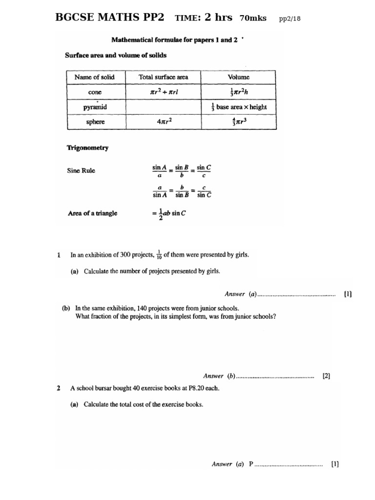 Bgcse Maths Pp2: 2 HRS: Time 70mks | PDF