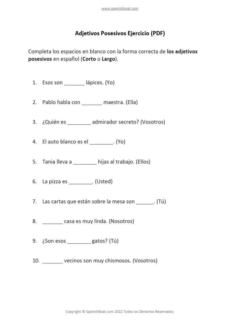 Adjetivos Posesivos Ejercicio | PDF