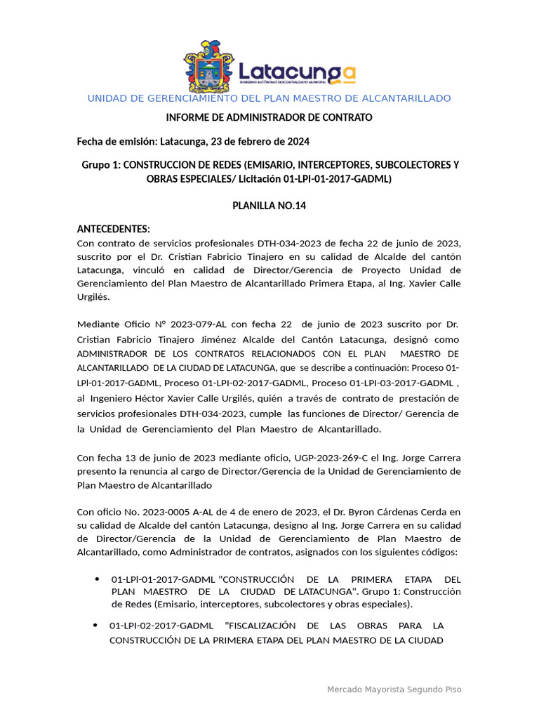 Ok INFORME DE LA ADMINISTRACIÓN DE CONTRATO DE LA PLANILLA 14 COTOPAXI | PDF | Alcantarillado ...