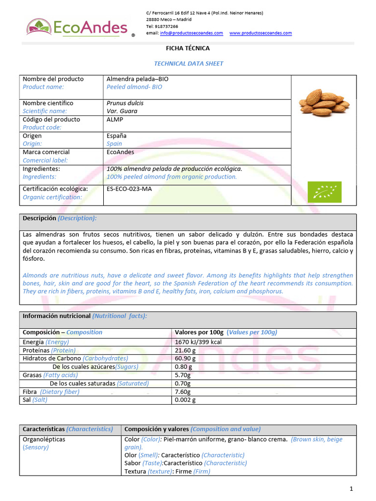 Ficha Técnica Almendras | PDF
