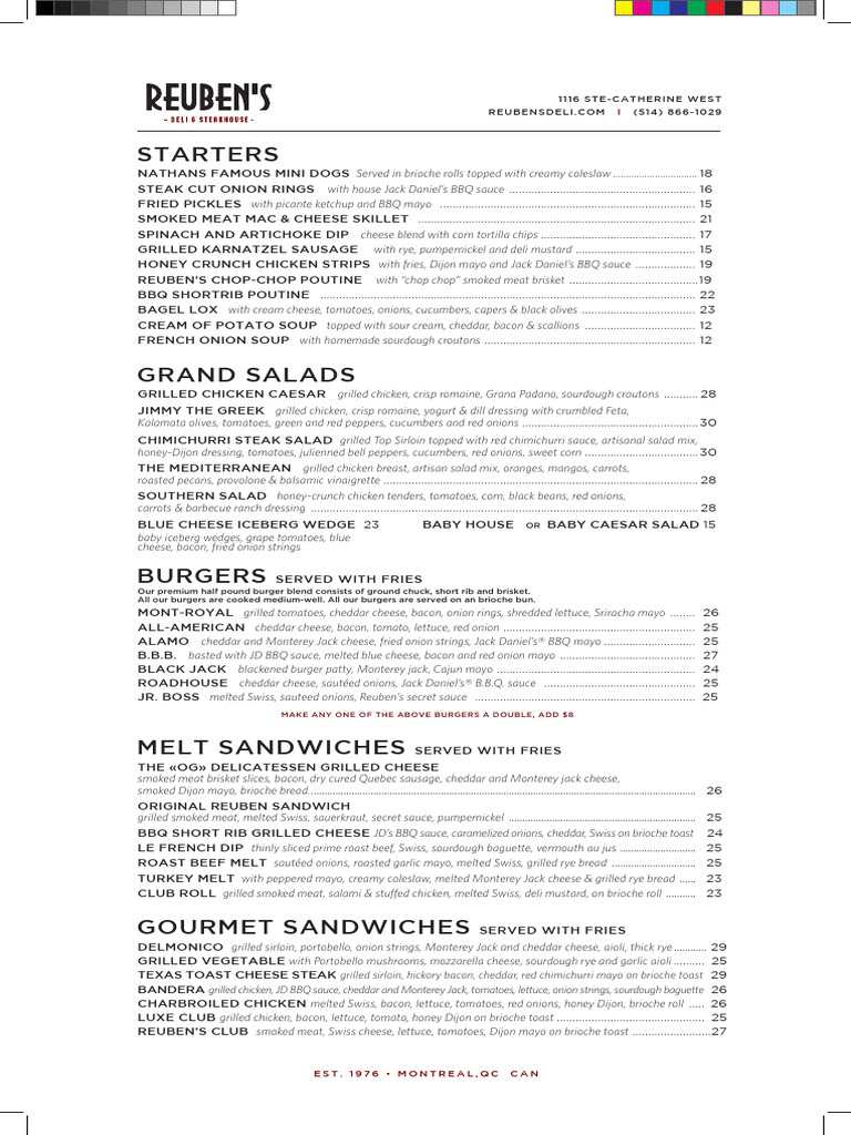Reubens Deli Menu 221206 EN MARKS | PDF | Salad | Hamburgers