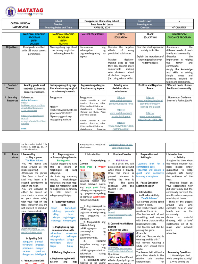 GRADE 5 CATCH UP April052024 | PDF