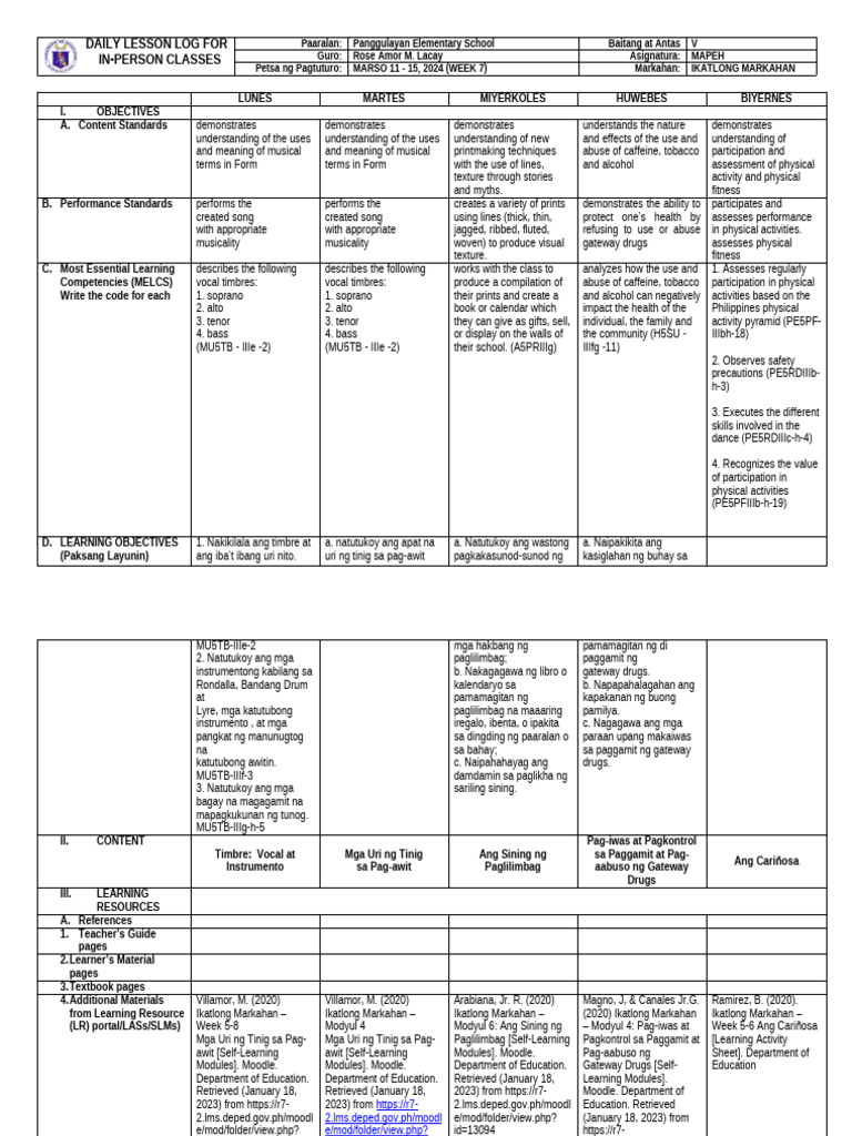 G5 Q3W6 DLL MAPEH (MELCs) | PDF