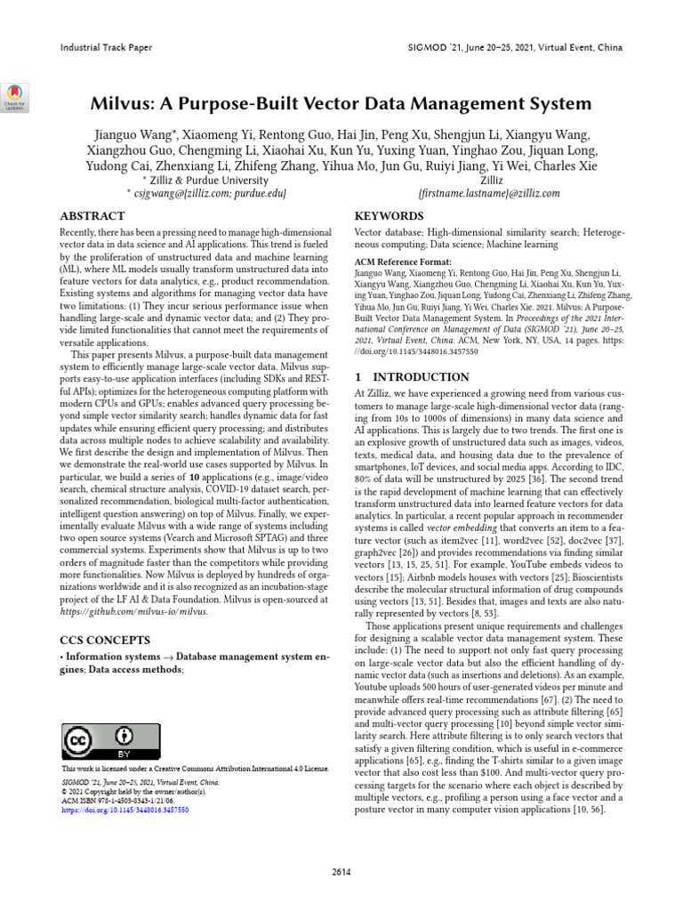Milvus A Purpose-Built Vector Data Management System | PDF