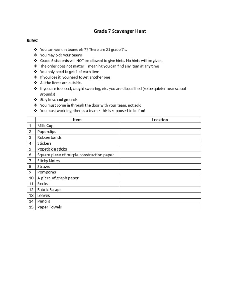 Grade 7 Scavenger Hunt | PDF