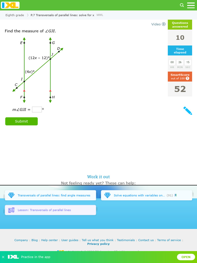 IXL Transversals of Parallel Lines Solve For X 8th Grade Math | PDF