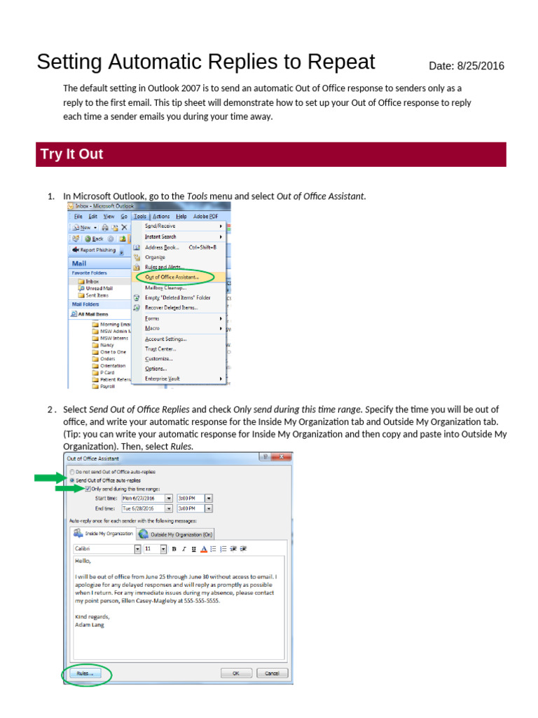 Setting Up Repeating Out of Office Replies | PDF