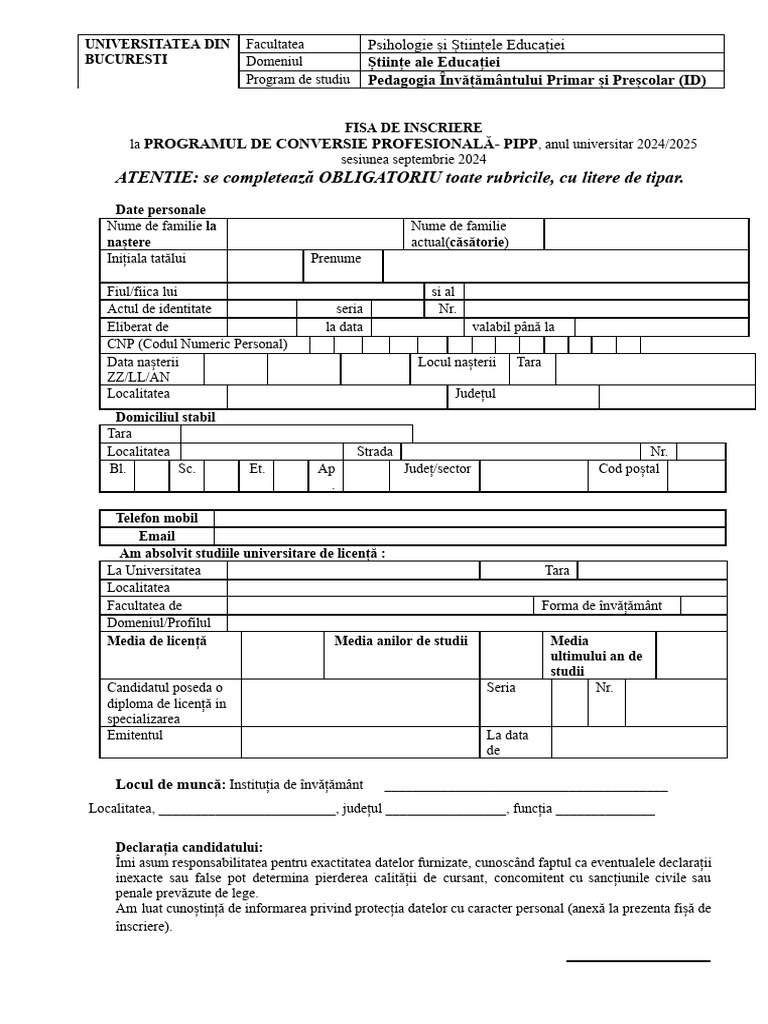 Fisa Inscriere Conversie Pipp 2024 | PDF