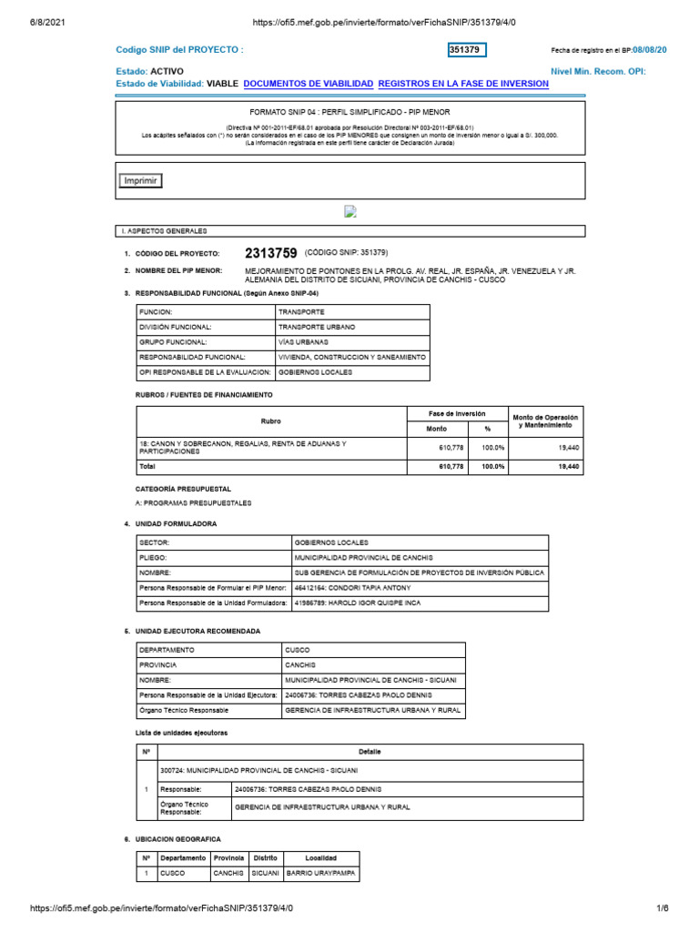 Codigo SNIP Del PROYECTO: 08/08/20 Estado: Nivel Min. Recom. OPI: Estado de Viabilidad | PDF