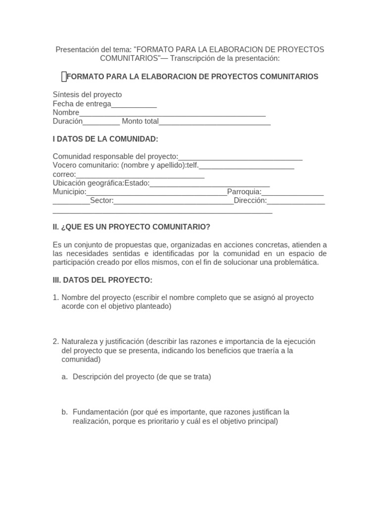 Formato de Proyecto Comunitario | PDF