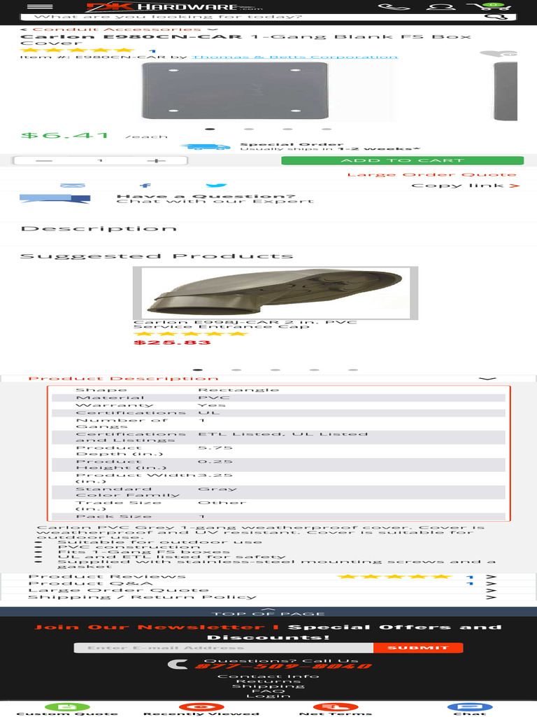 Carlon E980CN-CAR 1-Gang Blank FS Box Cover | PDF
