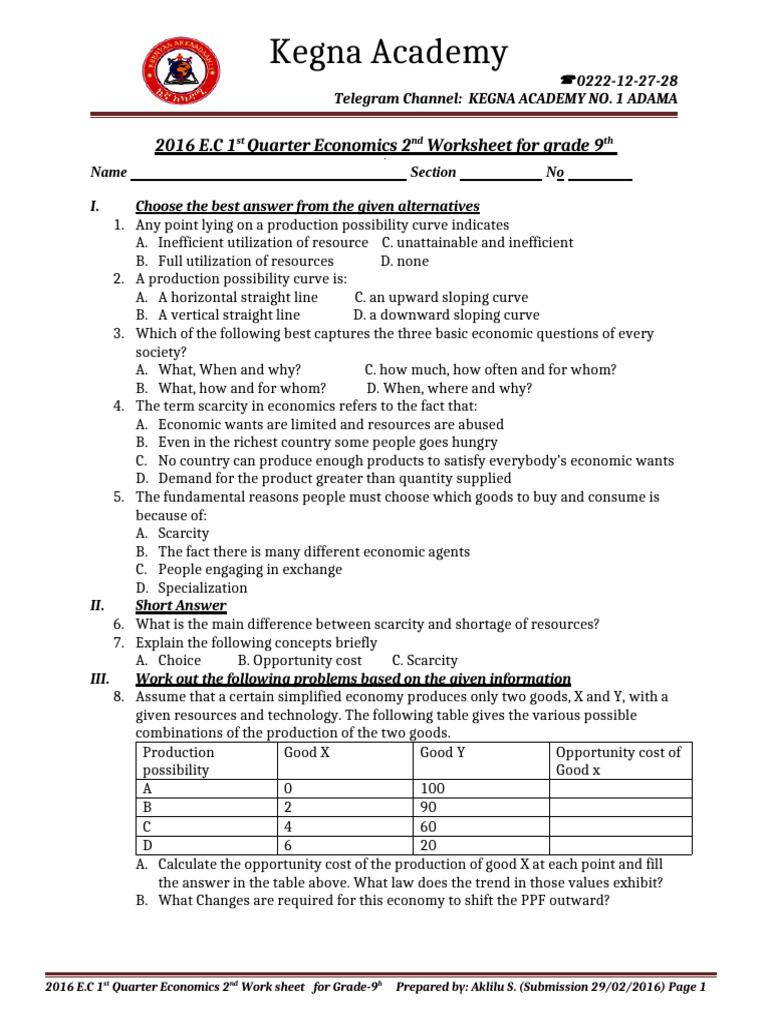 Grade 9 Economics 2nd Worksheet | PDF | Economics | Finance & Money ...
