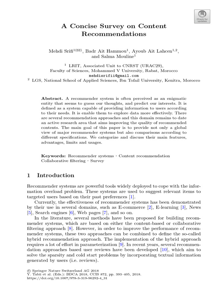 A Concise Survey On Content Recommendations | PDF