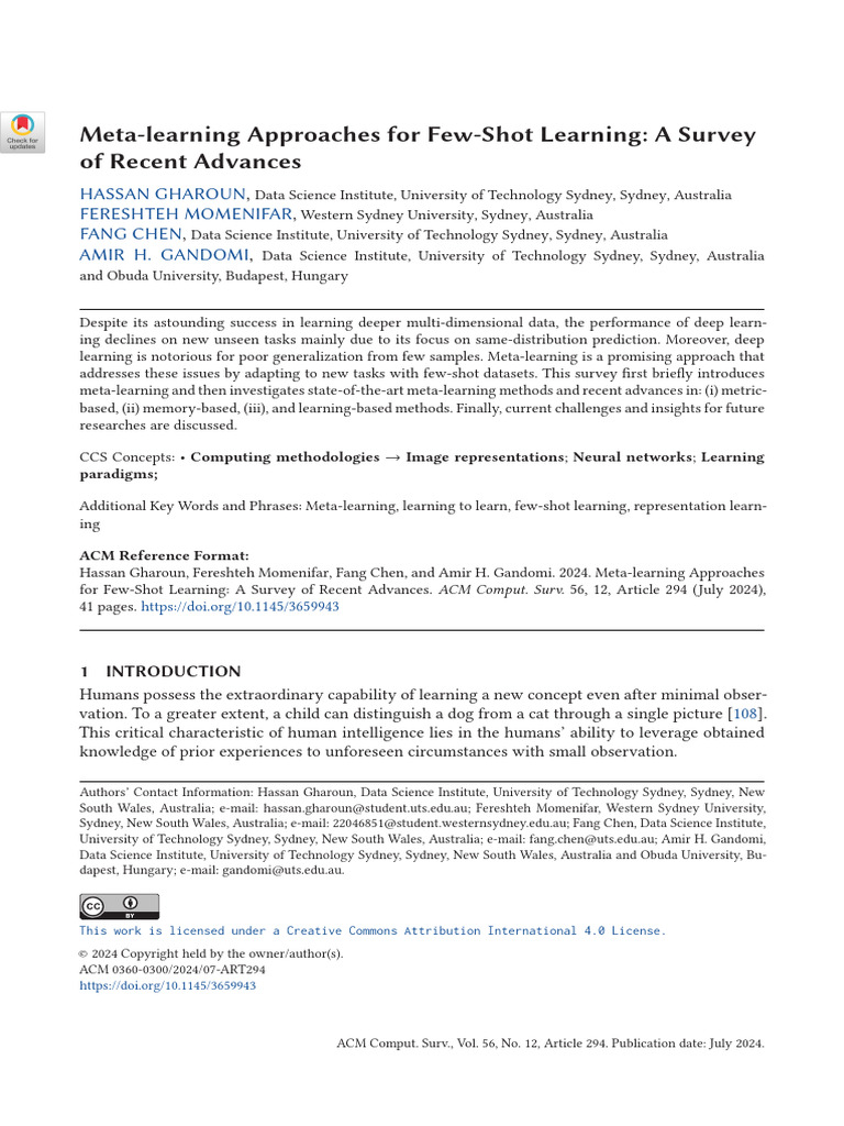 Meta-Learning Approaches For Few-Shot Learning: A Survey of Recent Advances | PDF