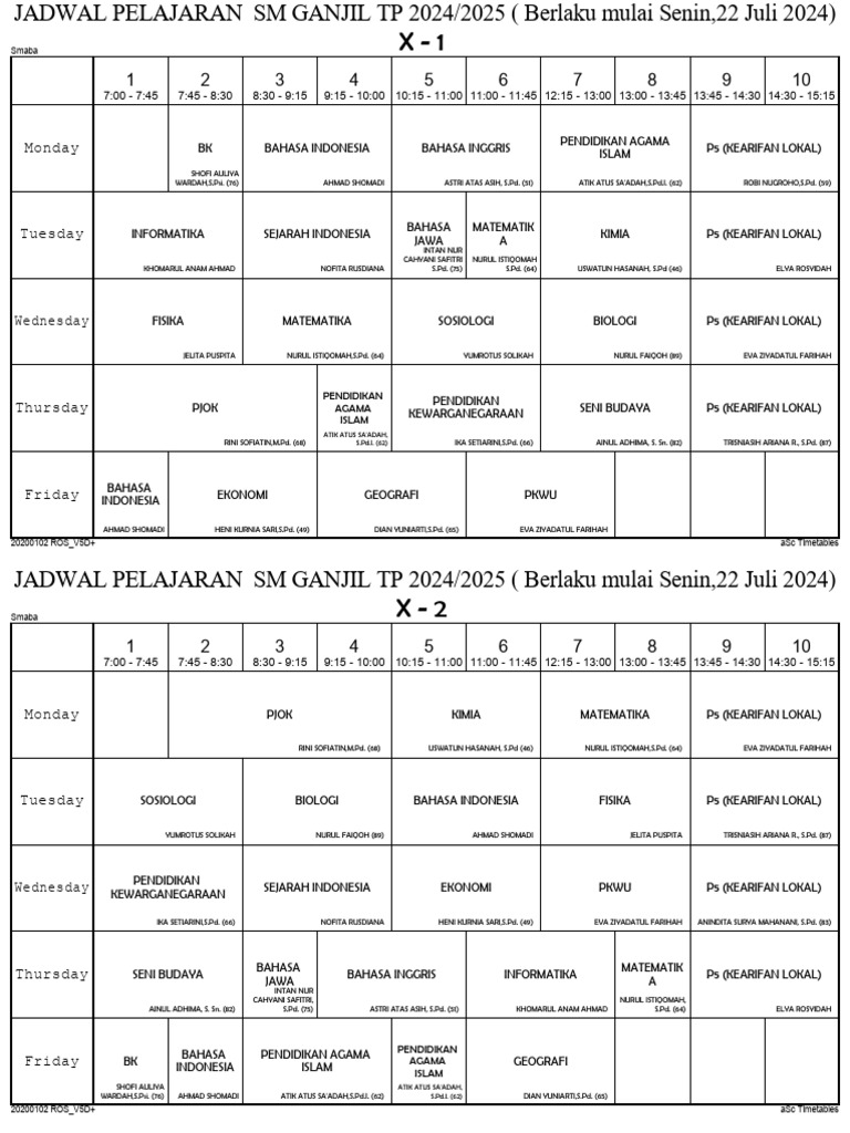 Jadwal Per Kelas SM Ganjil 2024-2025 | PDF