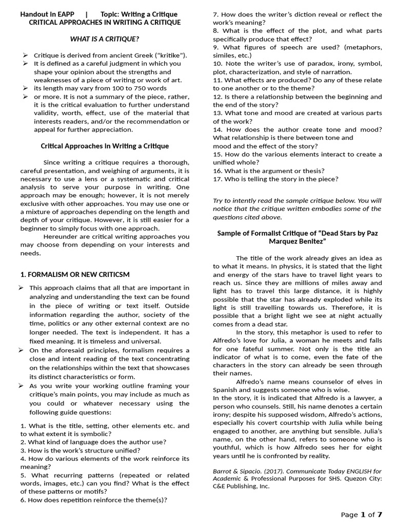 Handout in EAPP Writing A Critique | PDF | Id | Argument