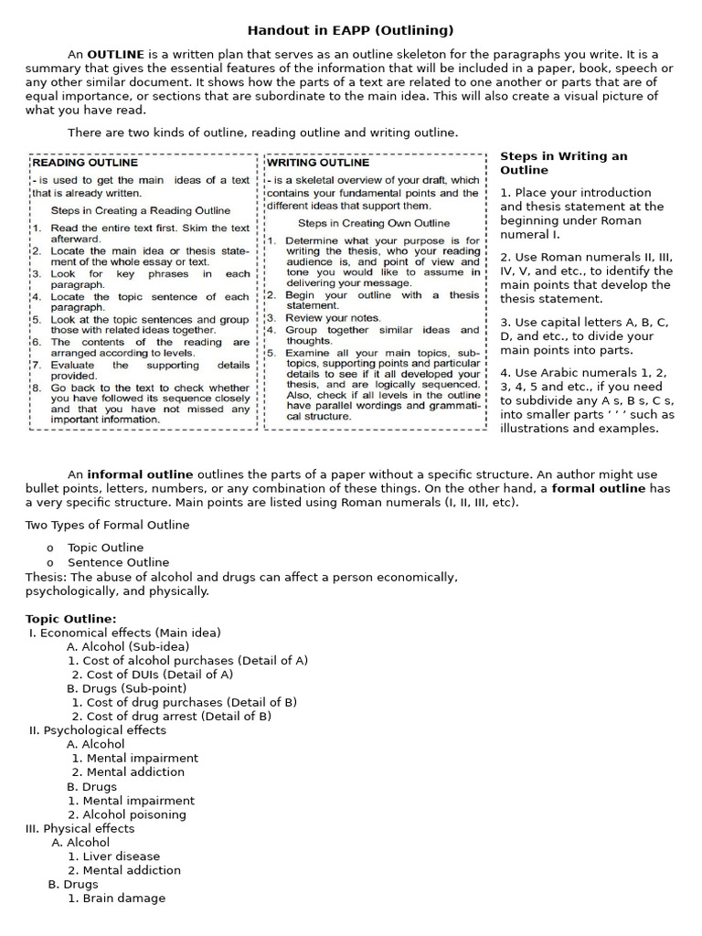 An OUTLINE Is A Written Plan That Serves As An Outline Skeleton For The ...