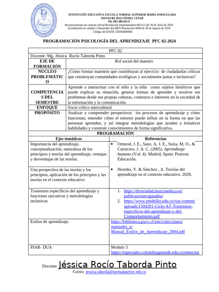 Programa y Cronograma Psicología Pfc 02-2024 | PDF