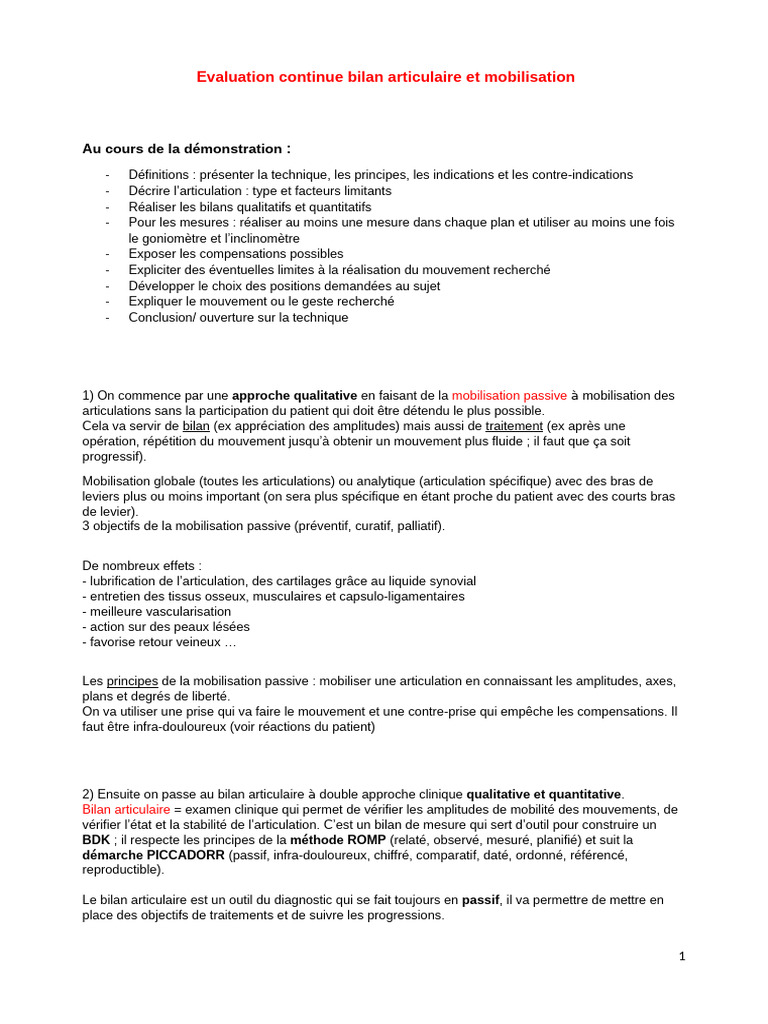 Fiche Eval Pratique Bilan Articulaire Et Mobilisation | PDF