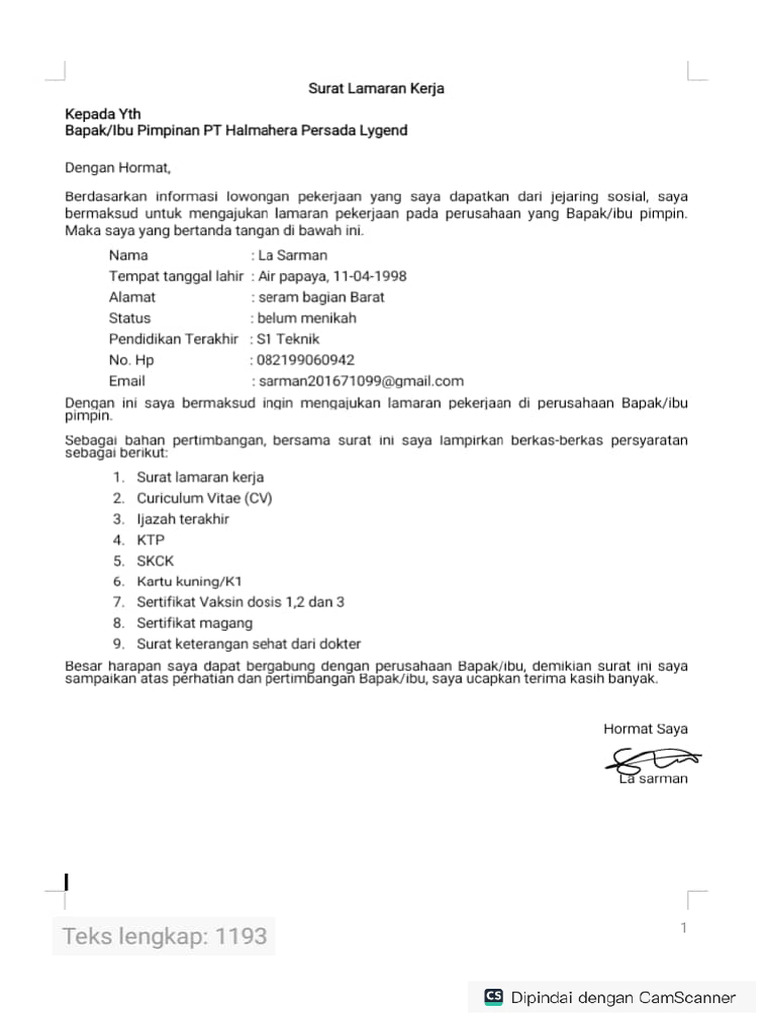 surat lamaran kerja_hpl | PDF
