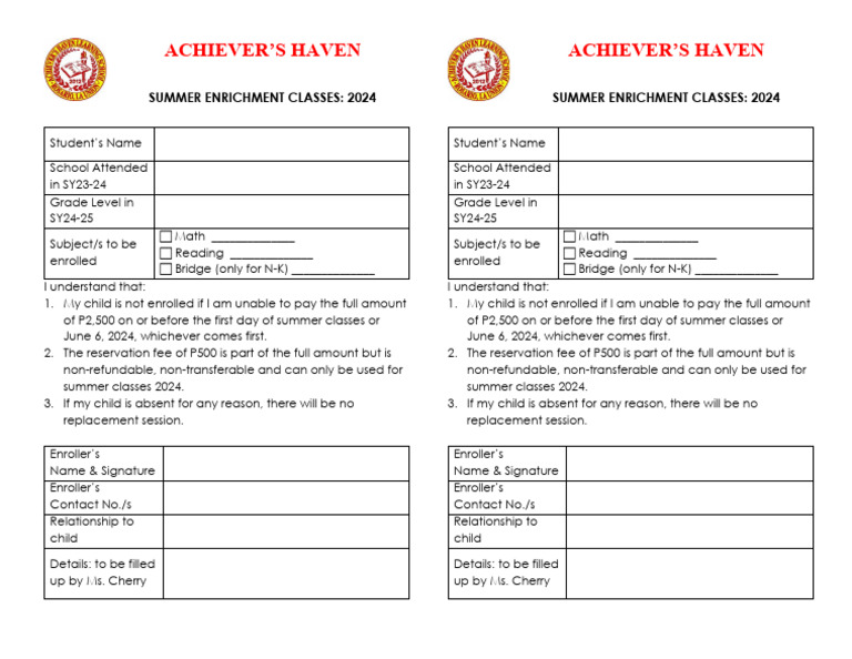 2024 Enrollment Form - Summer Enrichment Classes | PDF