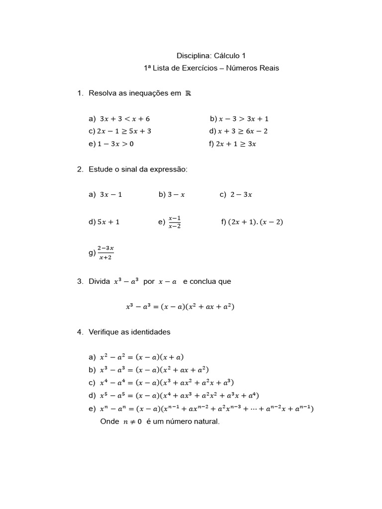 Exercícios de Cálculo 1: Números Reais | PDF | Matemática | Analise ...