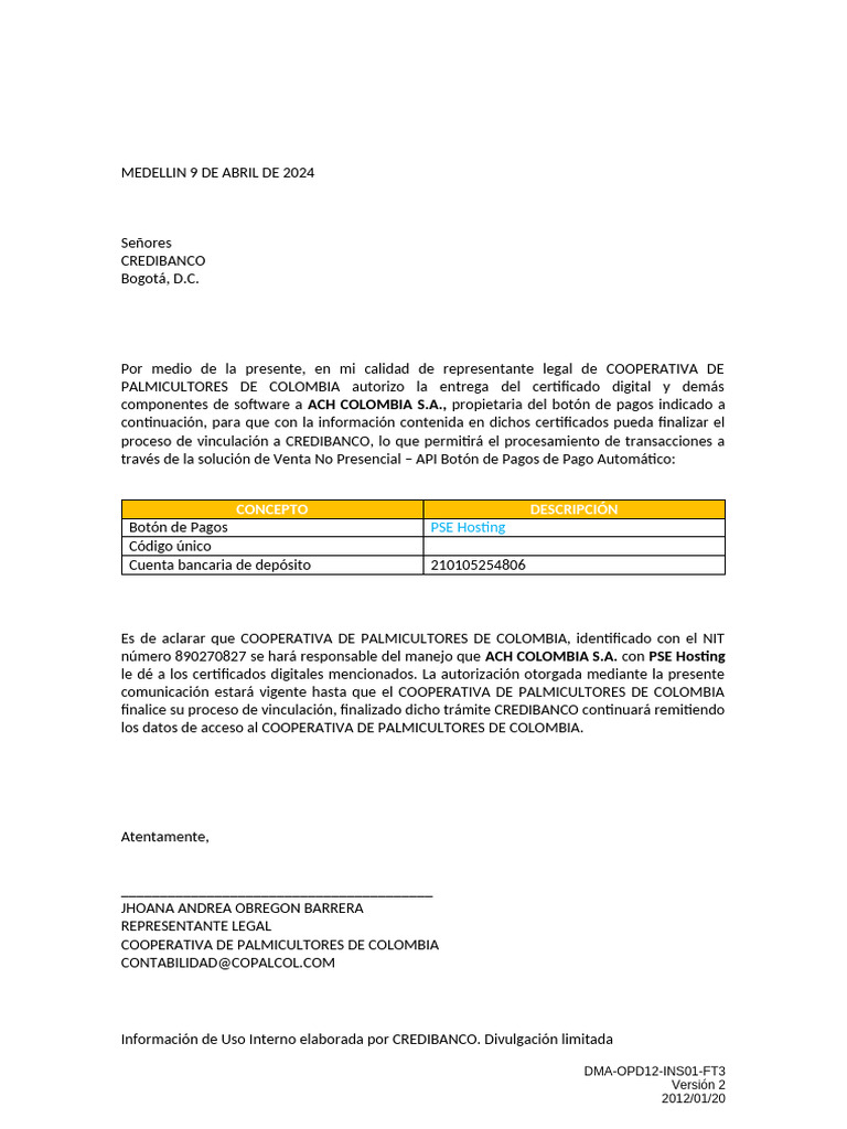 Carta Autorización Entrega Llaves Credibanco (ASG) | PDF