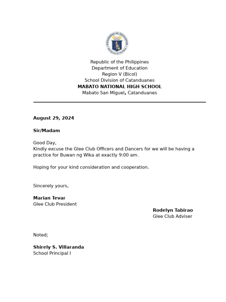 Glee Club Excuse Letter 2 | PDF