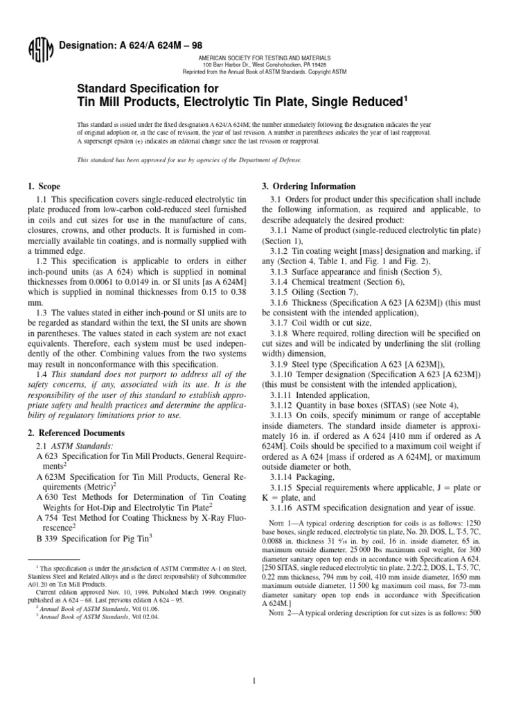 A624 A624M 98 Standard Specificaton For Tin Mill Products, Electorlytic Tin Plate, Single ...