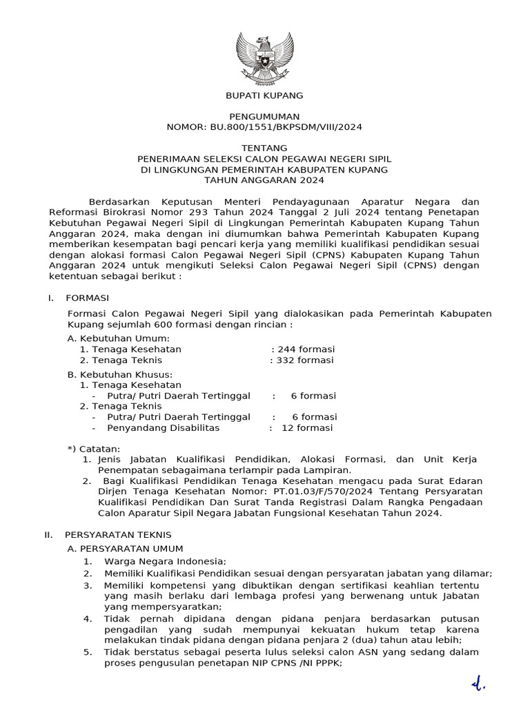 Pengumuman CPNS Kab Kupang Ta 2024 | PDF